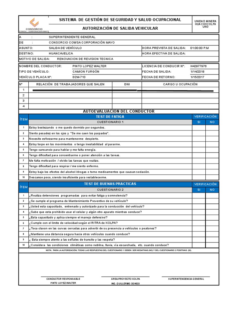 Formato Orden de Salida Vehiculos _ Camion Encasur_15.01.18 | Licencia ...