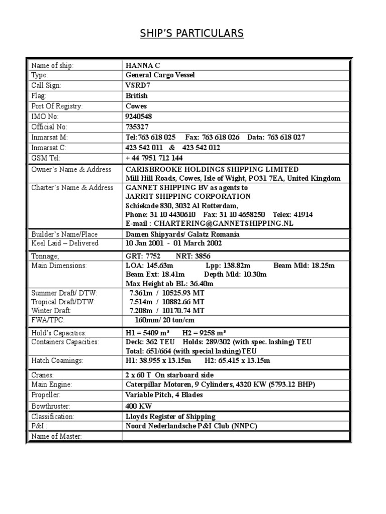 Ship Particulars of HANNA C | PDF | Home & Garden
