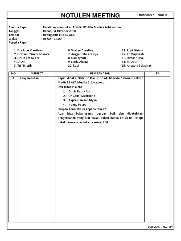 Form Notulen PELATIHAN KOMUNIKASI EFEKTIF + PDSA | PDF