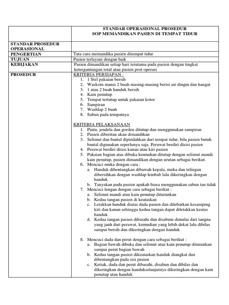 Sop Memandikan Pasien Ditempat Tidur | PDF