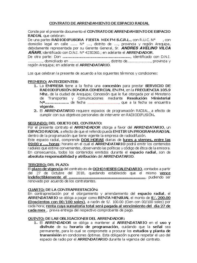 378634969 Contrato de Arrendamiento de Espacio Radial Docx | Gobierno ...