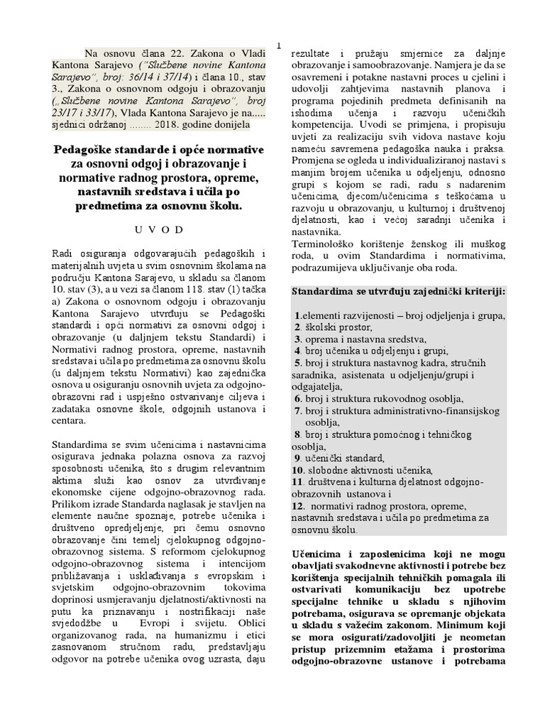 Pedagoski Standardi I Normativi Osnovne Skole 24 03 2018 | PDF