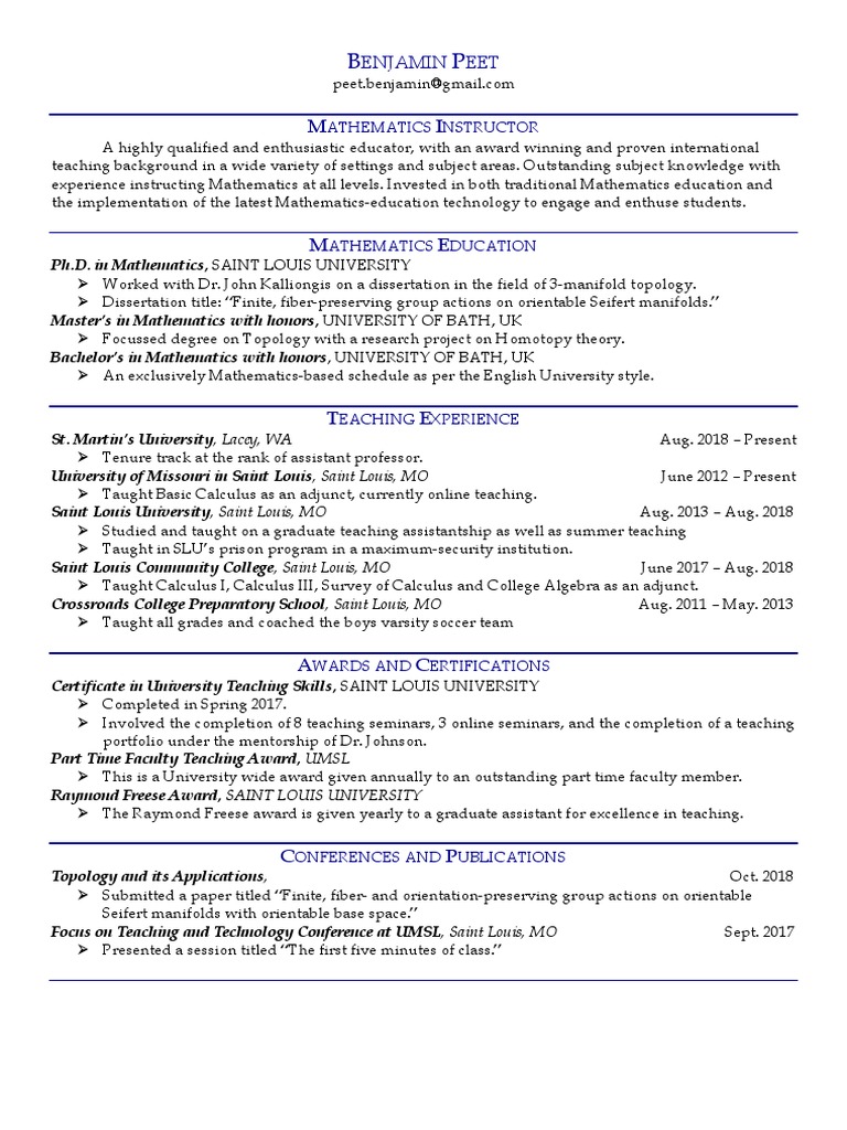 Benjamin Peets CV | PDF | University | Topology
