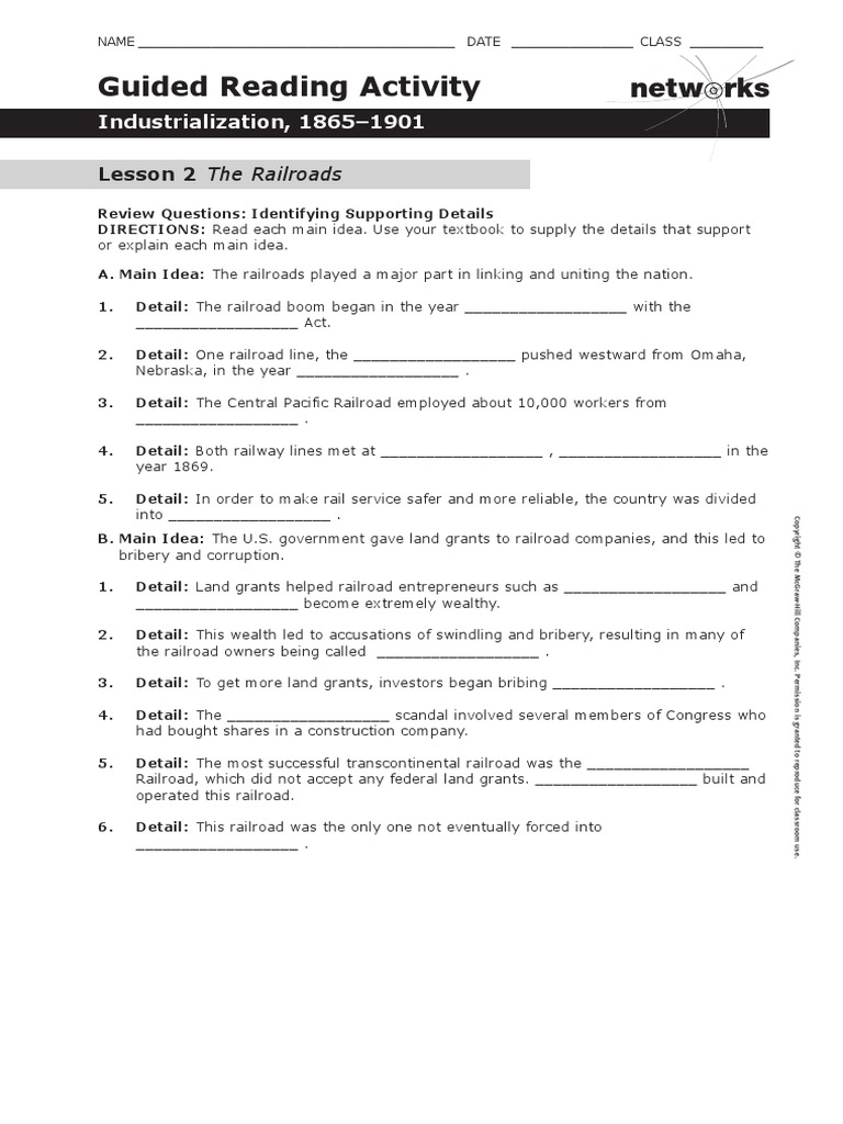 Guided Reading Activity The Railroads Lesson 2 | PDF | First ...