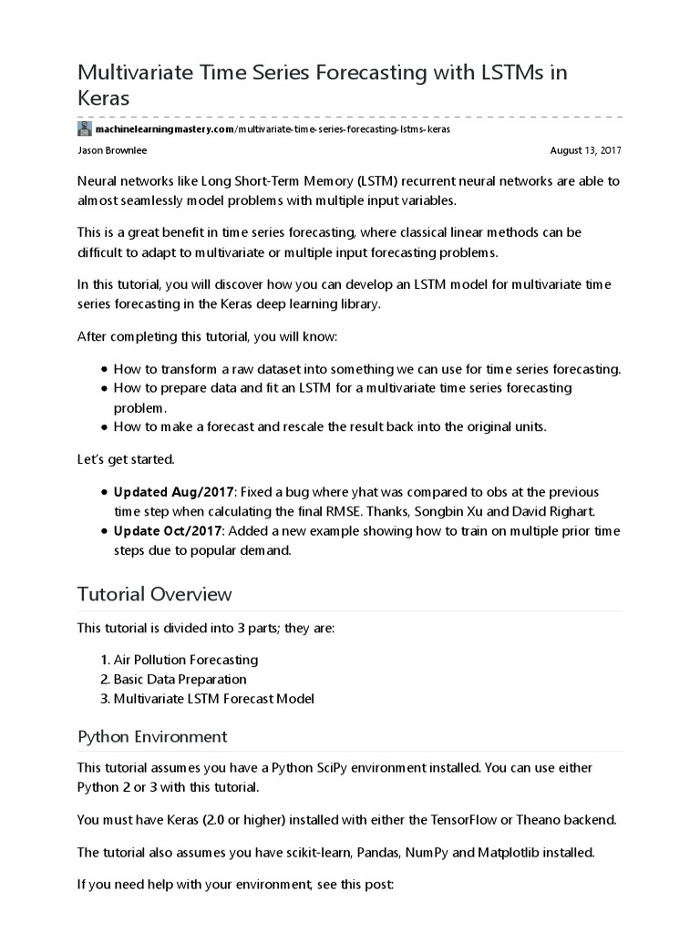 Multivariate Time Series Forecasting With LSTMs in Keras | PDF | Computational Science | Machine ...