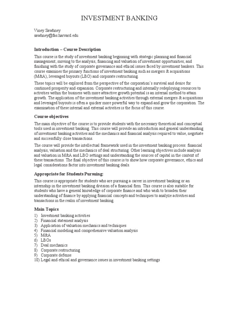 Investment Banking Course Overview | PDF | Cost Of Capital | Investment ...