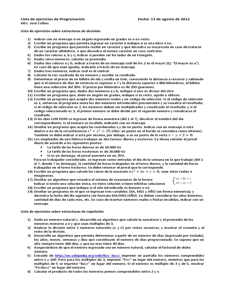 Clase5 - 20120813 - Ejercicios - Selectivas y Condicionales | PDF | Algoritmos | Matemática ...