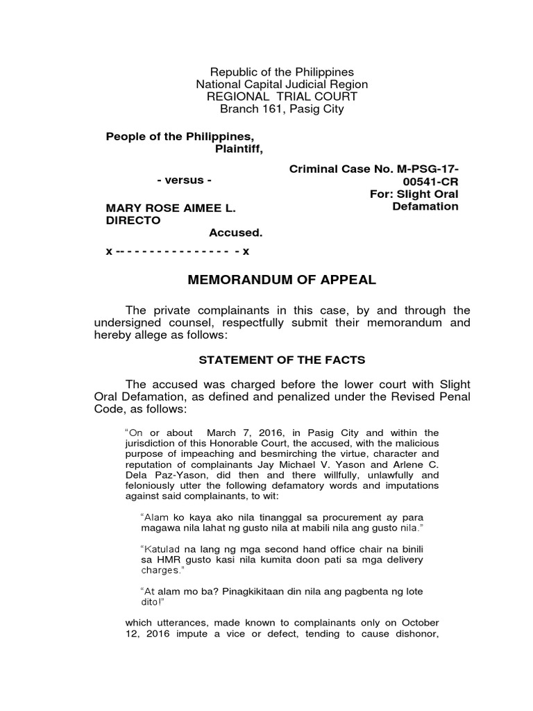 Memorandum of Appeal People Vs Directo | PDF | Defamation | Comparative Law