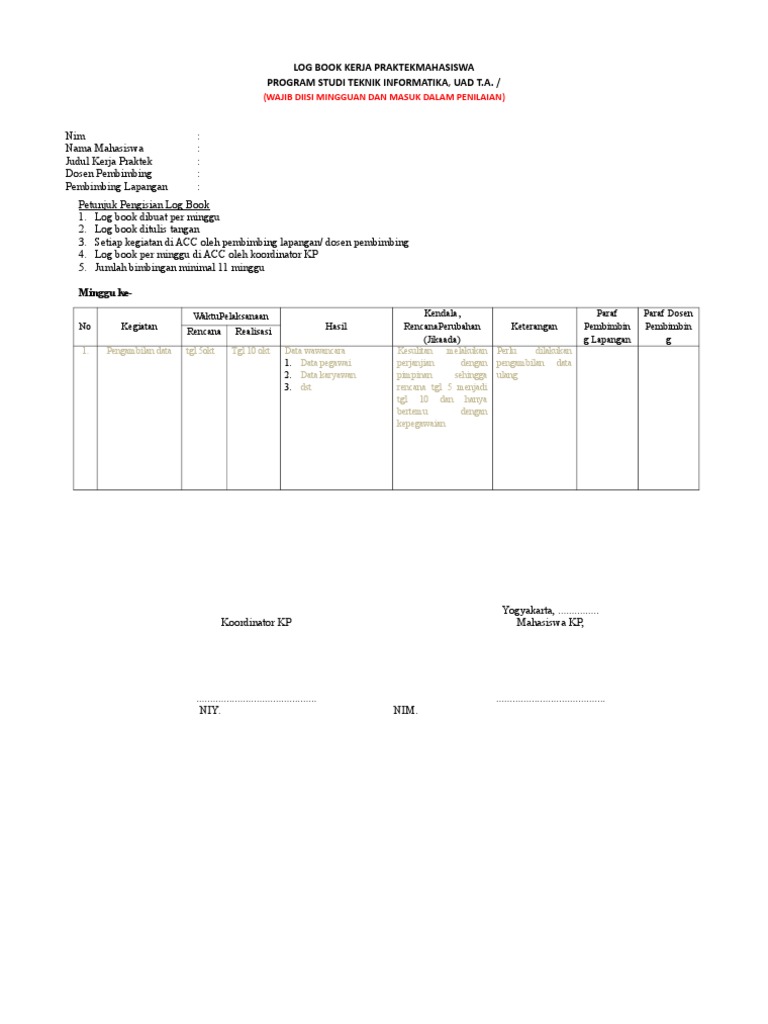 Form LOG BOOK KerjaPraktek | PDF