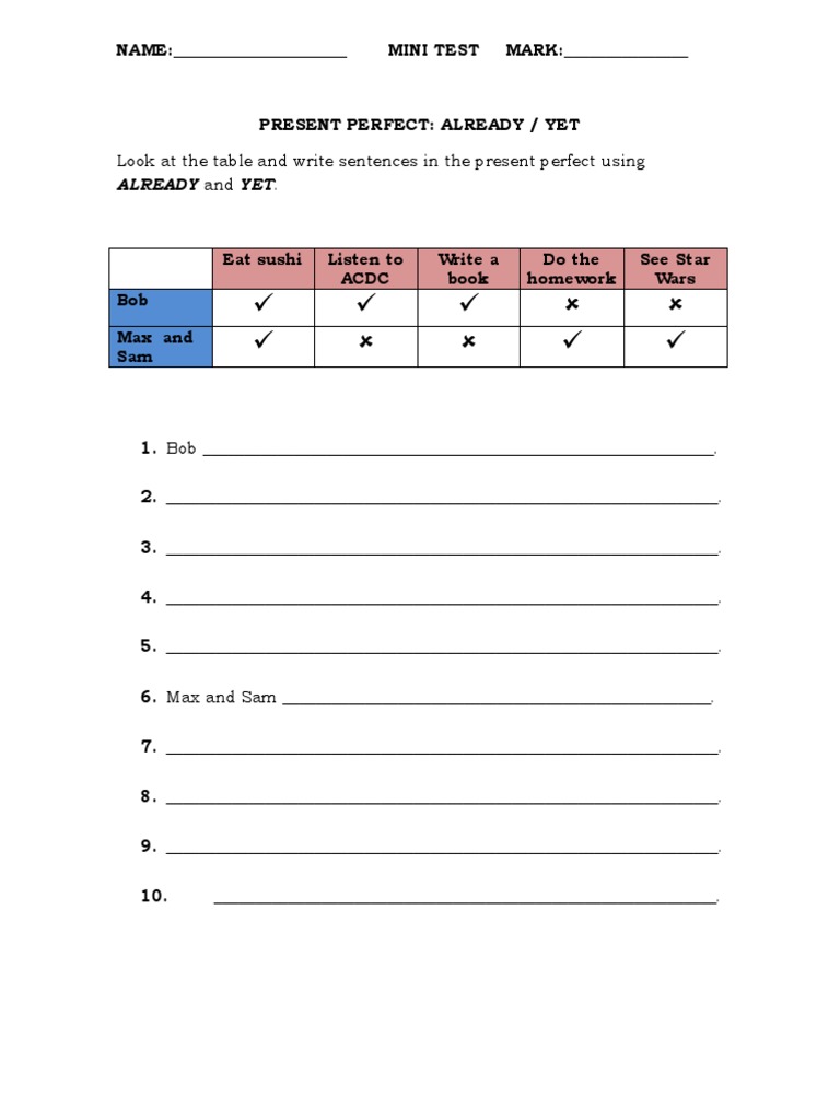 Look at The Table and Write Sentences in The Present Perfect Using ...