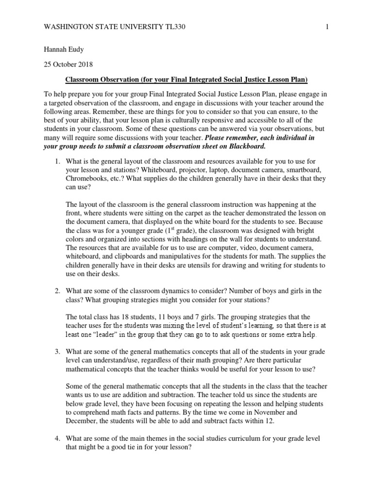 Classroom Observation for Lesson Planning | PDF | Individualized ...