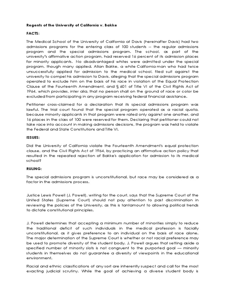 Regents of The University of California vs. Bakke | PDF | John Paul ...