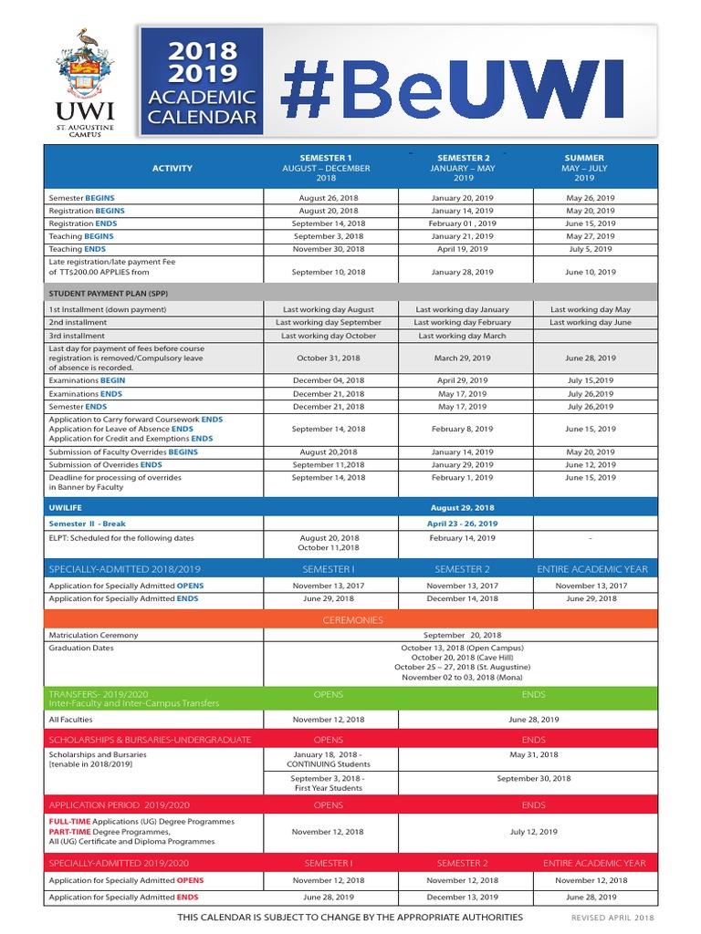 UWI Academic Calendar 2018-2019 | PDF | Academic Term | Academic Degree