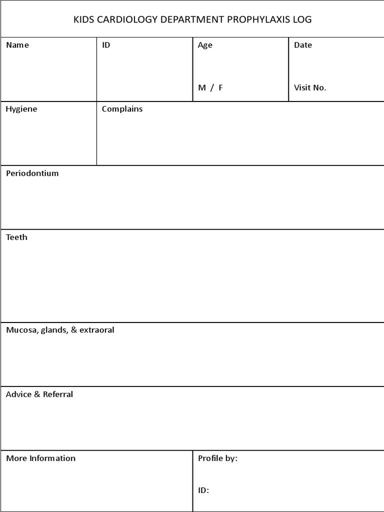 Kids Cardiology Department Prophylaxis Log: Name ID Age Date | PDF