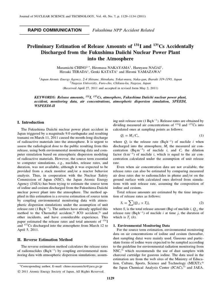 Journal of NUCLEAR SCIENCE Release Estimates 131I 137Cs Fukushima | PDF ...