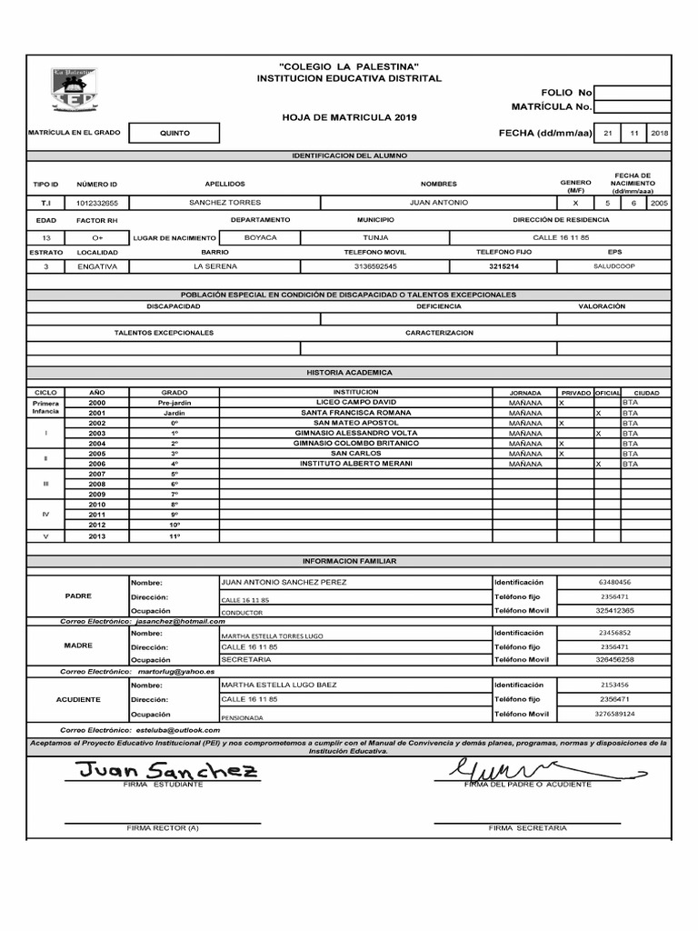 Ejemplo Hoja de Matricula 2019 Diligenciada | PDF