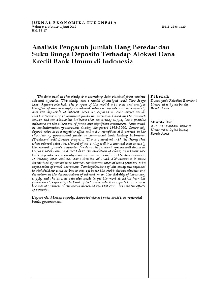 Analisis Pengaruh Jumlah Uang Beredar dan Suku Bunga Deposito Terhadap Alokasi Dana Kredit Bank ...