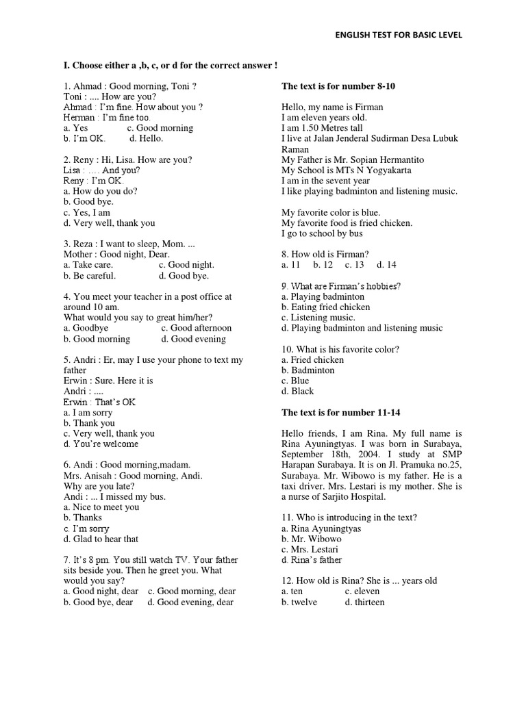 English Test For Basic Level | PDF