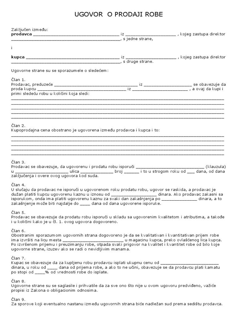 Ugovor o Prodaji Robe PDF | PDF