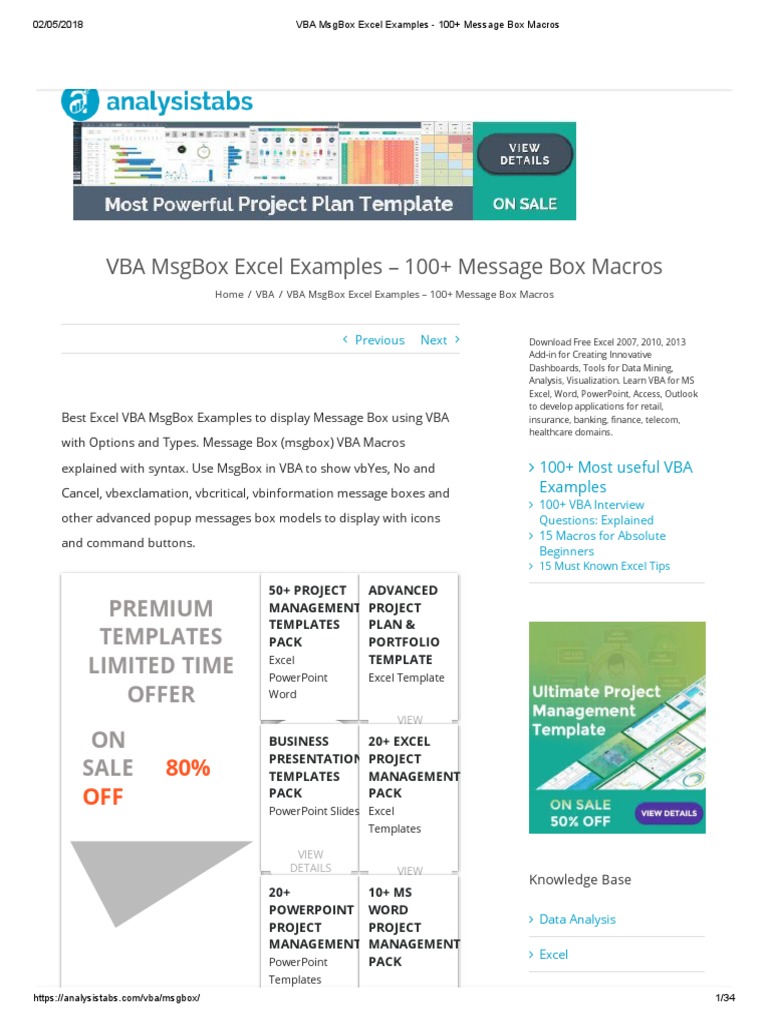Vba Msgbox Excel Examples 100 Message Box Macros Visual Basic For Applications Microsoft 