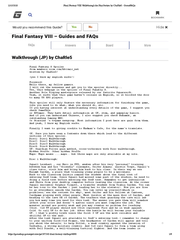 Final Fantasy Viii - Guides and Faqs | PDF | Leisure