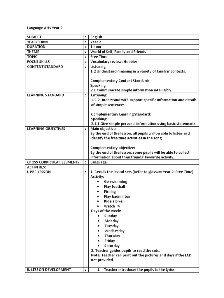 Year 2 English: Free Time Activities | PDF | Lesson Plan | Teachers