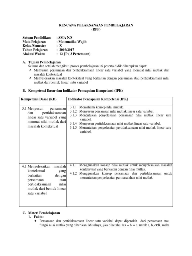 Sample RPP SMA X MTK Wajib PDF | PDF
