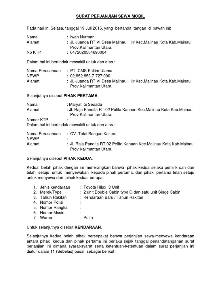 Draft Surat Perjanjian Sewa Mobil | PDF