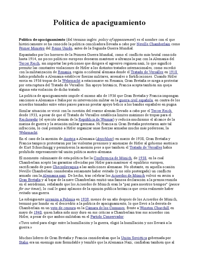 Política de apaciguamiento: la política conciliadora de Chamberlain ...
