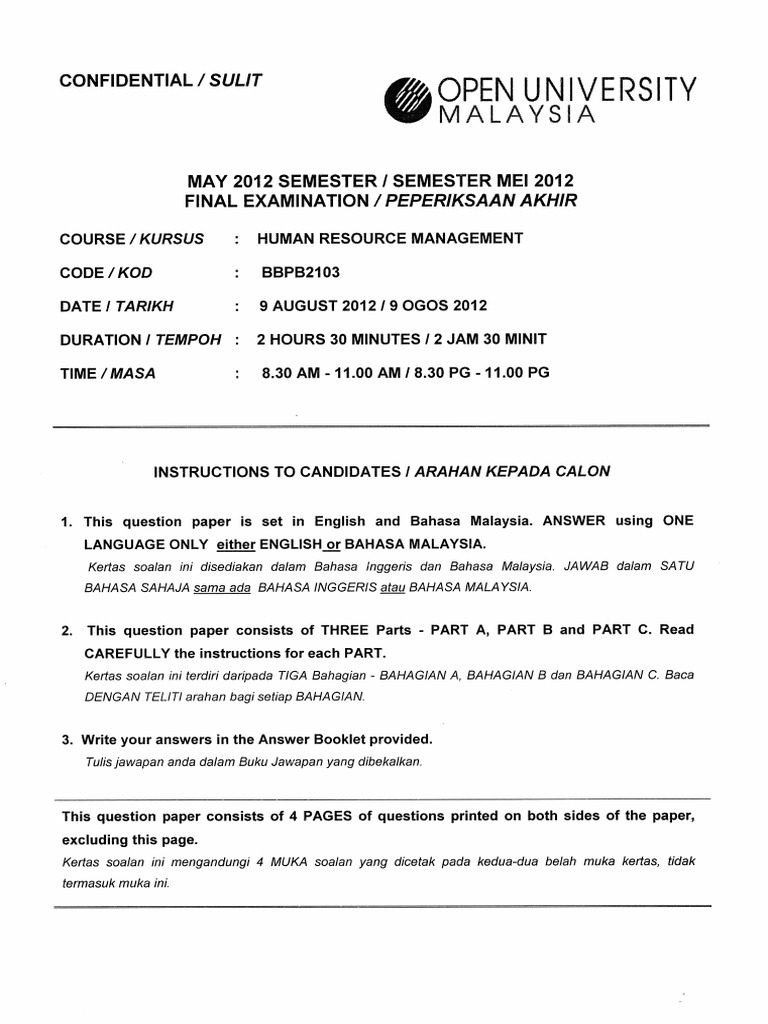 Sample of Final Exam Paper HRM | PDF