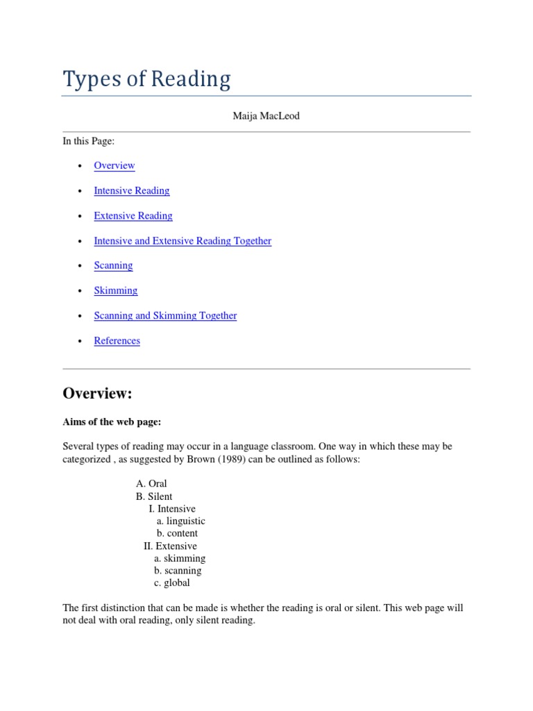 Types of Reading: Overview | PDF | Speed Reading | Reading (Process)