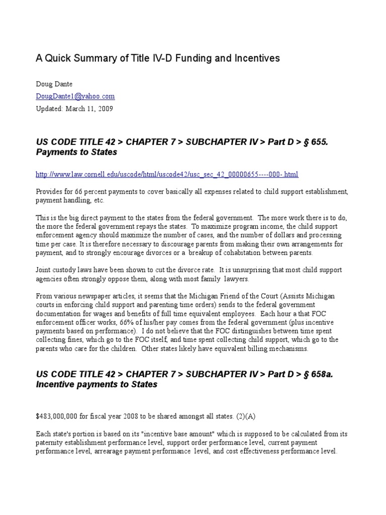 Quick Summary of Title IV D Funding and Incentives | Child Support ...