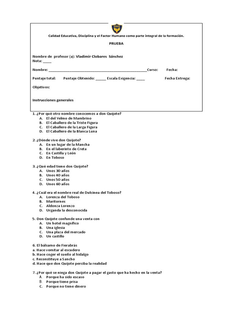 Prueba Don Quijote de La MAncha | PDF | Don Quijote | Don Quijote ...
