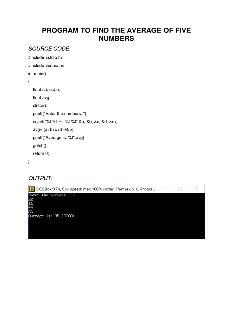 Program To Find The Average of Five Numbers: Source Code | PDF ...