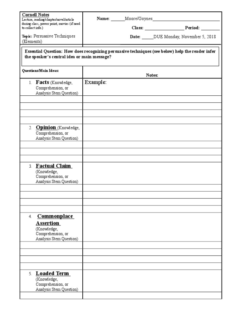 Persuasive Cornell Notes Updated | PDF | Reading Comprehension | Question