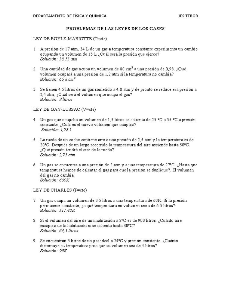 Problemas de Las Leyes de Los Gases PDF | PDF | Física Matemática | Gases