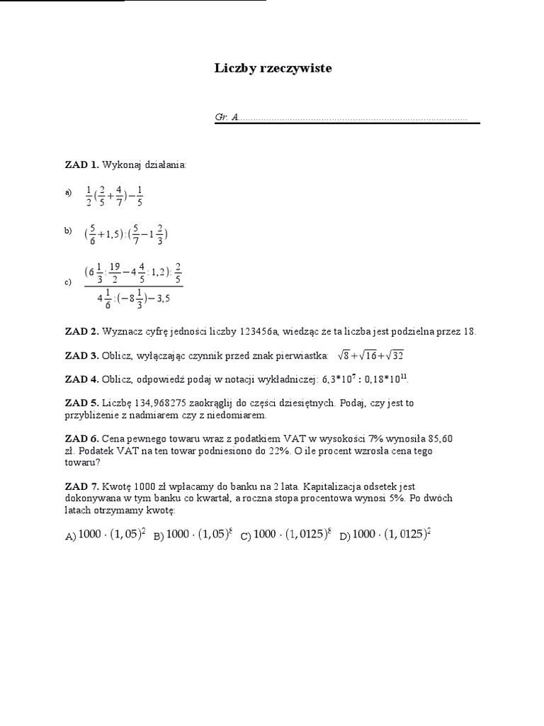 Liczby Rzeczywiste Spr. Klasa I LO | PDF