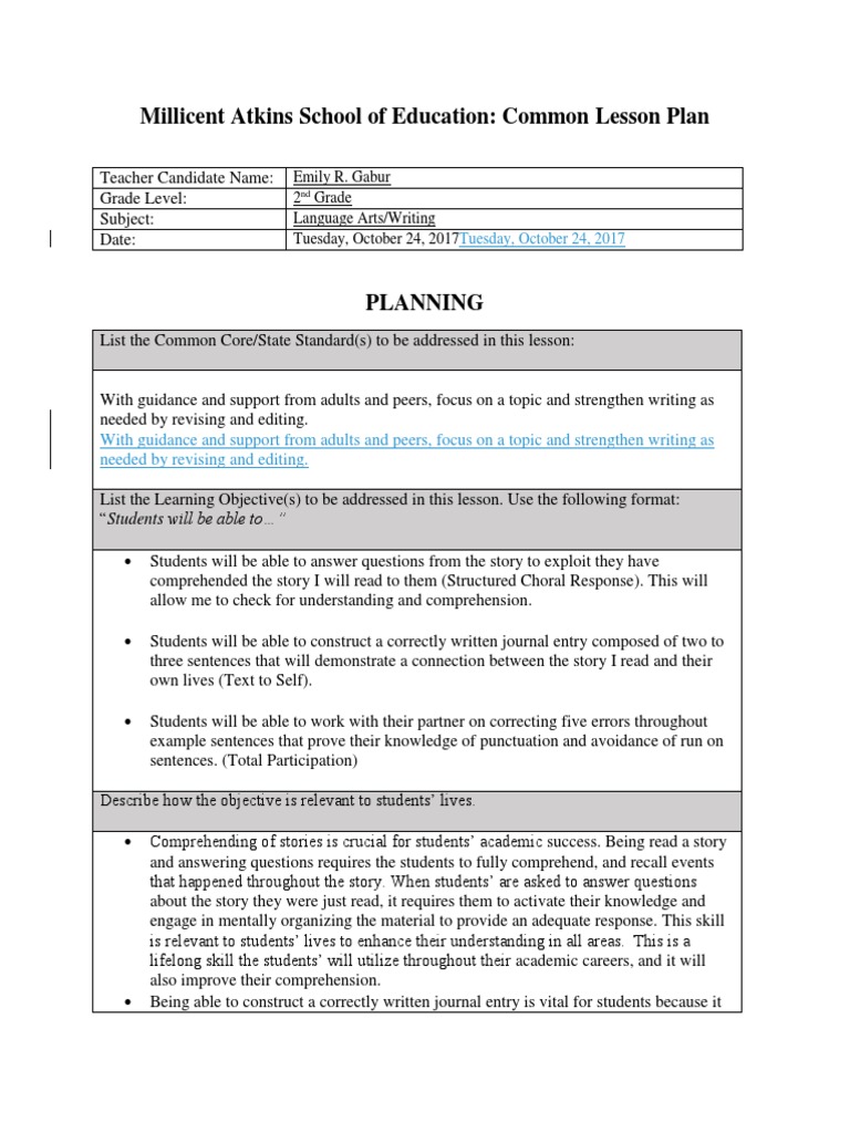 Millicent Atkins School of Education: Common Lesson Plan | PDF ...