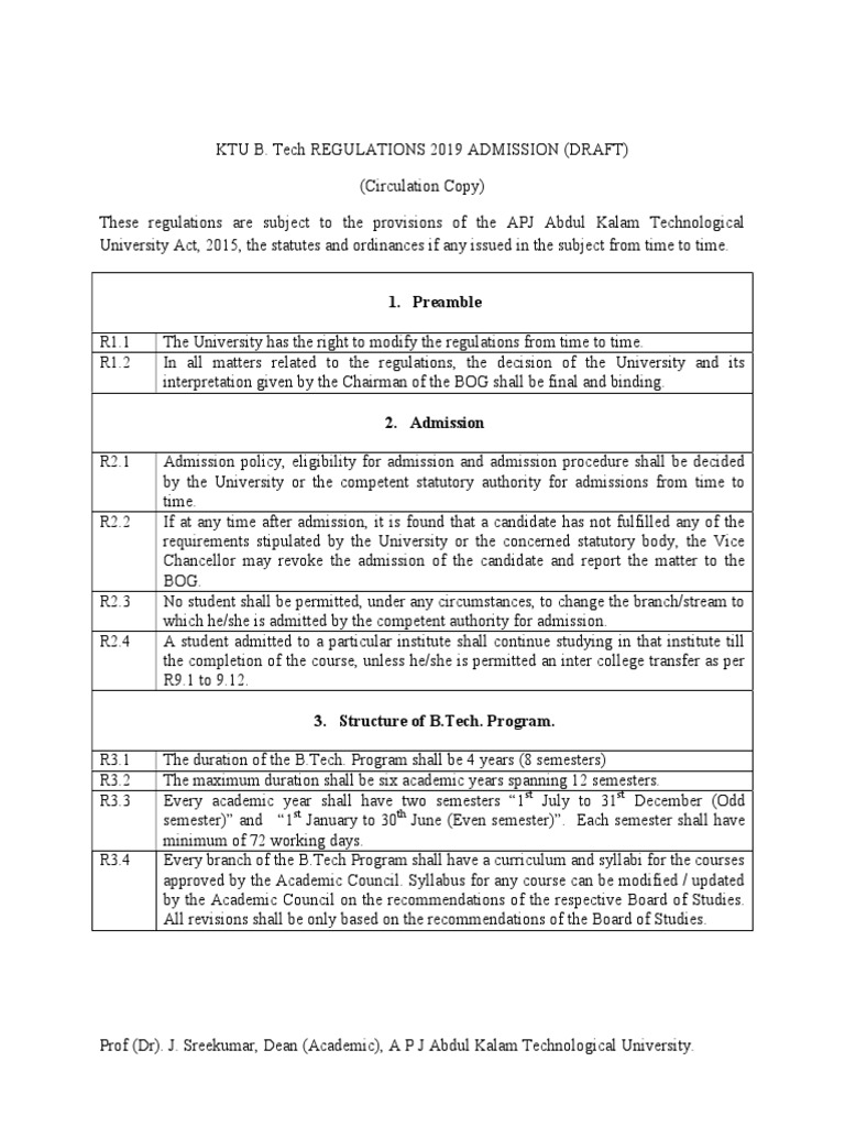KTU B.tech Draft Regulation 2019 Circulation Final | PDF | University ...
