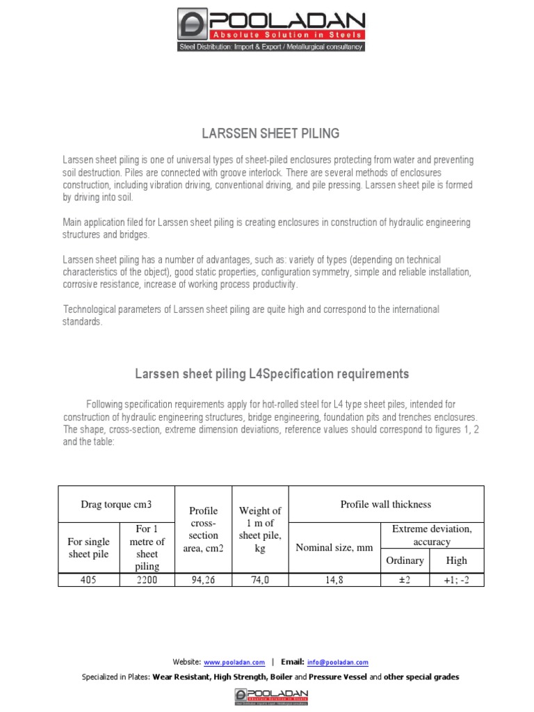 Larssen Sheet Piling Specifications Guide | PDF | Deep Foundation ...