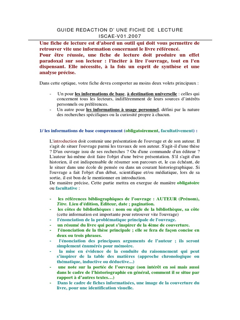 Guide de Rédaction d'une Fiche de Lecture | PDF | Lecture (Processus ...