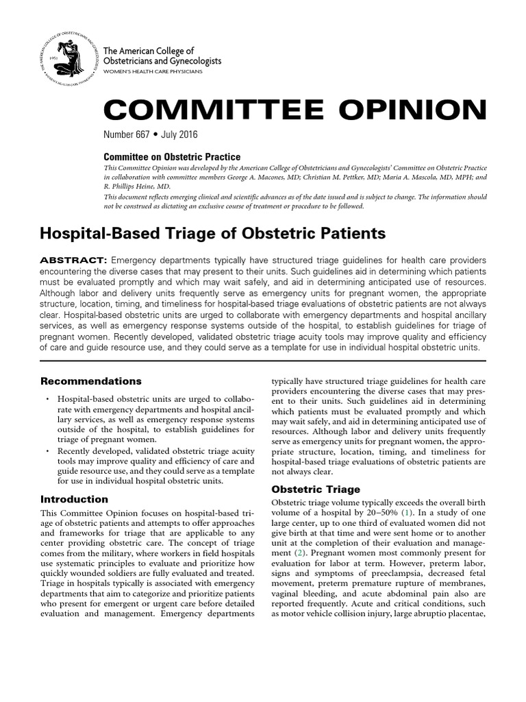 Hospital-Based Triage of Obstetric Patients ACOG | PDF | Childbirth ...