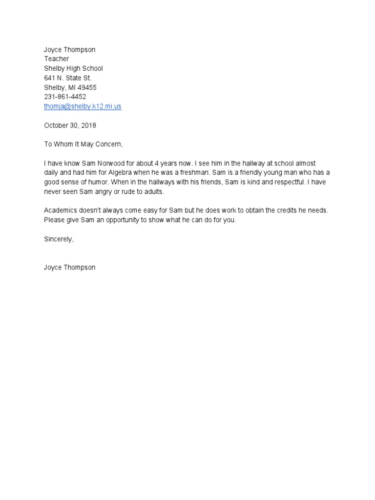 Recommendation Letter for Sam Norwood | PDF | Wellness