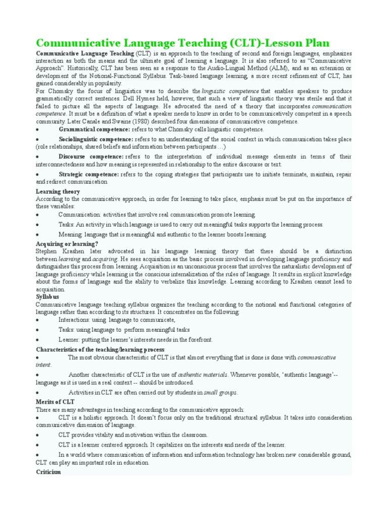 Communicative Language Teaching (CLT) - Lesson Plan | PDF | Linguistics ...