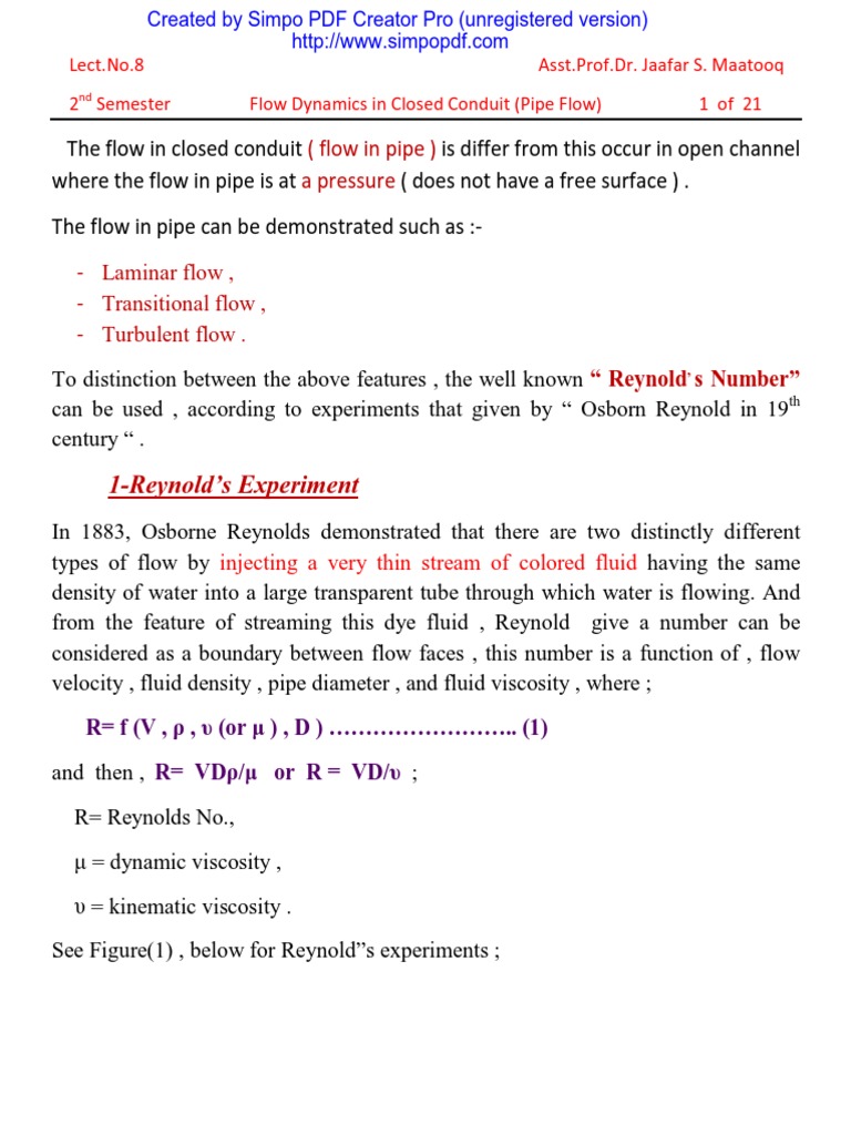 (Flow in Pipe) A Pressure: 1-Reynold's Experiment | PDF | Fluid ...