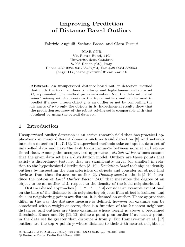 Improving Prediction Of Distance Based Outliers Pdf Outlier Data