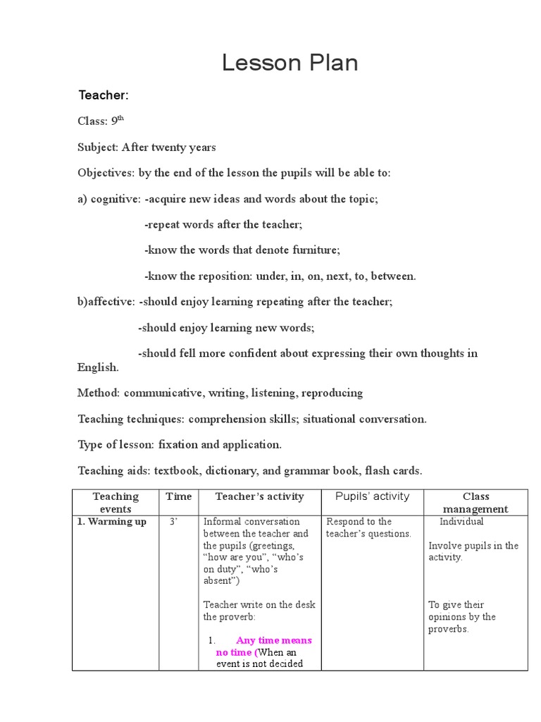Lesson Plan After Twenty Years Cl 9 | Lesson Plan | Teachers