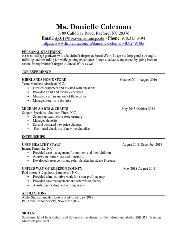 Ms. Danielle Coleman: Email: Djc019@bravemail - Uncp.edu - Phone: 910. ...