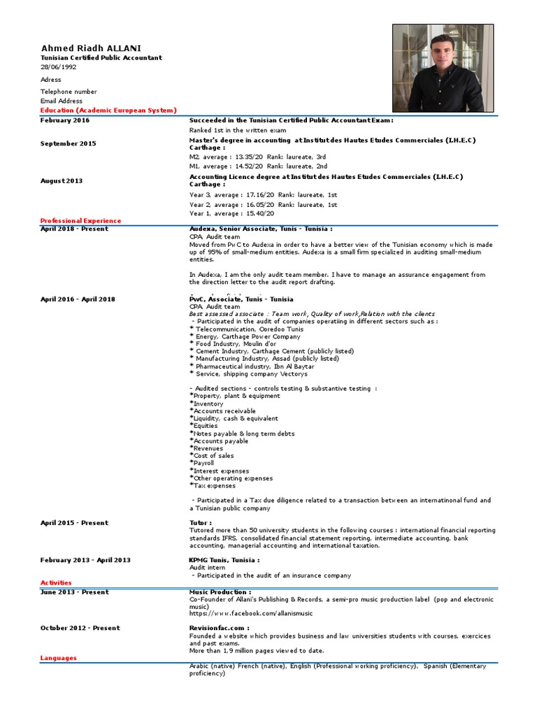 CV English Version | PDF | Tunisia | Financial Statement