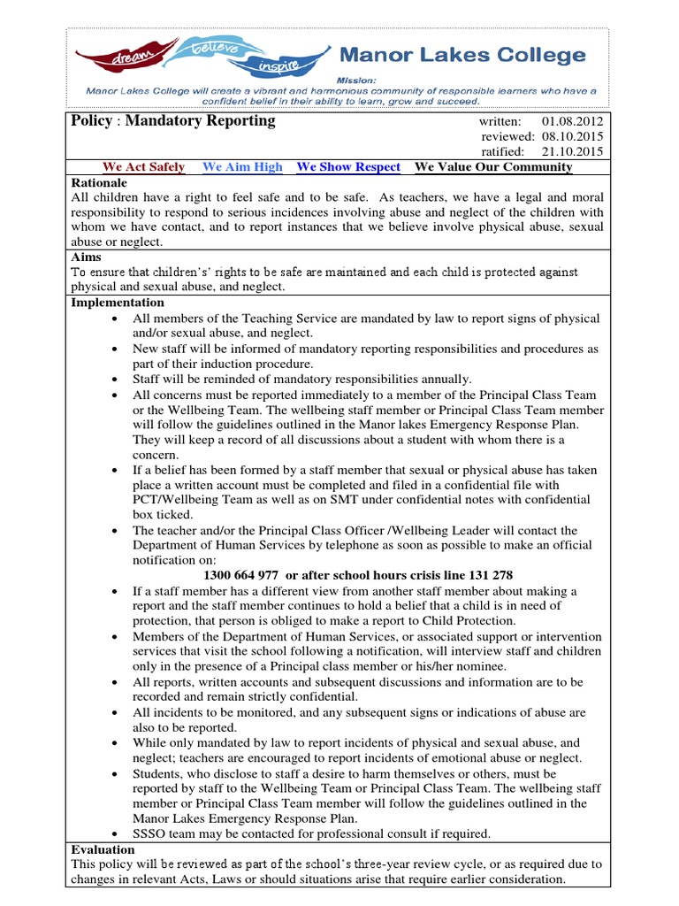 Mandatory Reporting Policy | PDF | Child Neglect | Social Institutions